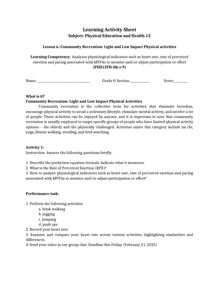 Lesson 6 Community Recreation Light and Low Impact Physical Activities ...