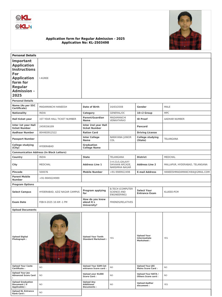 KL University Regular Admission 2025 Form | PDF | Authentication ...