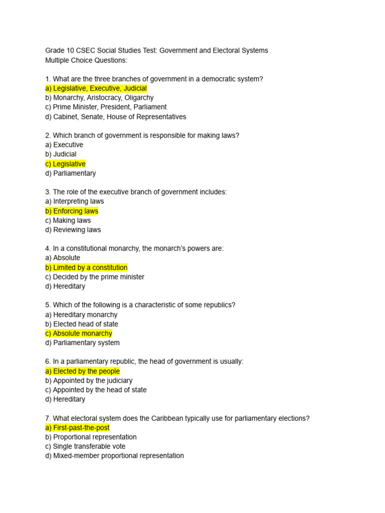 CSEC Grade 10 Social Studies: Government Quiz | PDF | Electoral ...