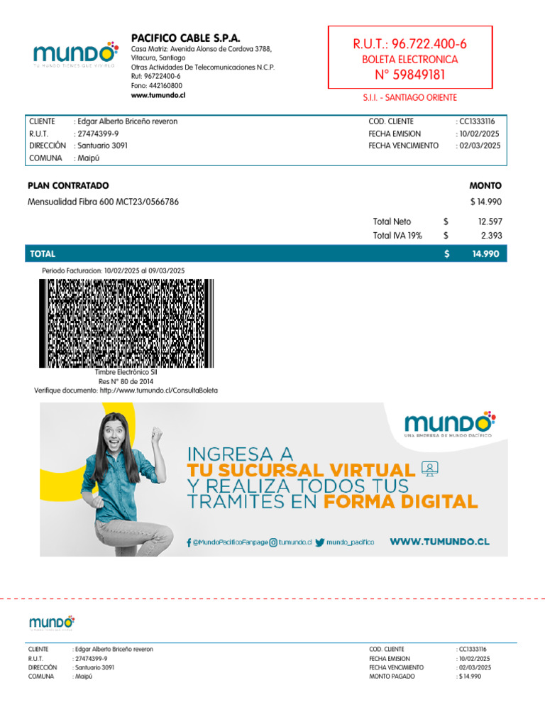 Boleta Electrónica Pacífico Cable S.P.A. | PDF