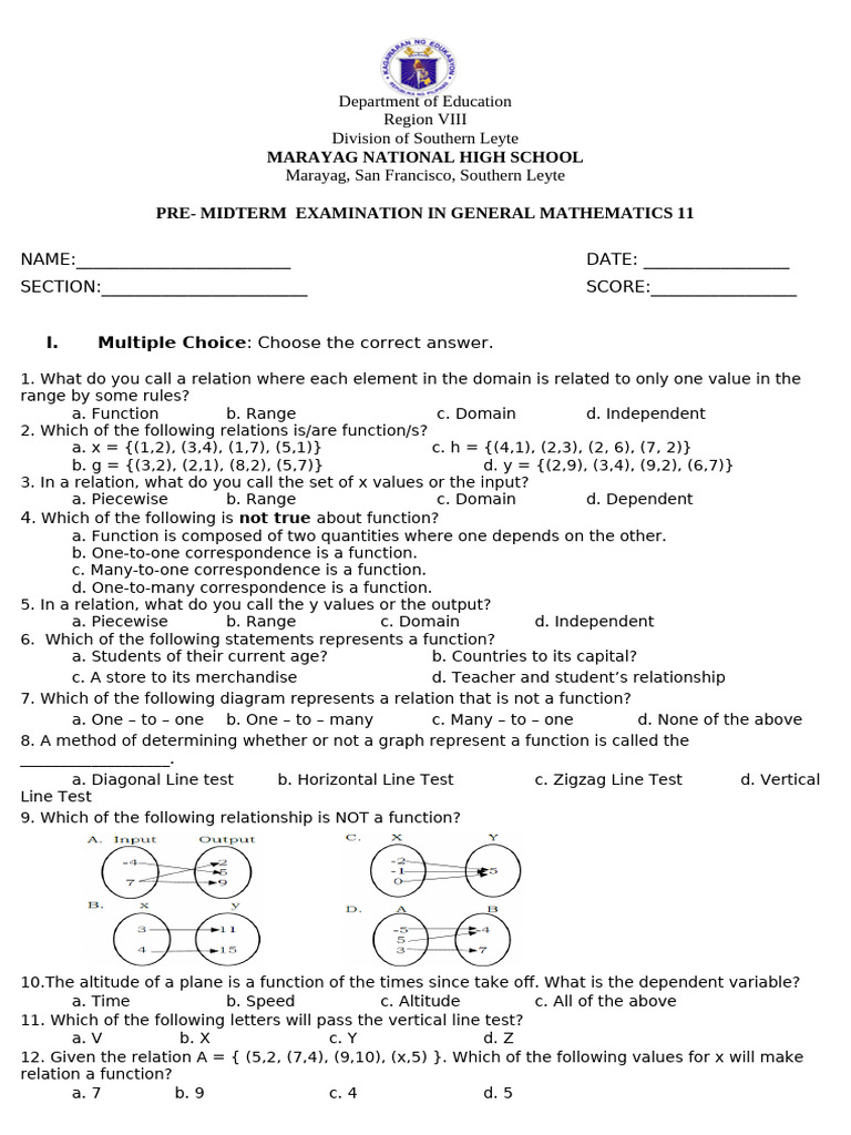 Pre-Mid Exaam FOR TOS (GEN MATH) | PDF | Function (Mathematics) | Equations