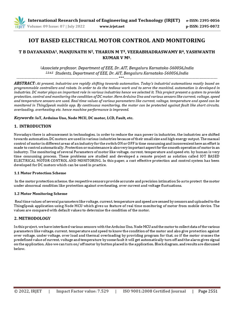 IOT_BASED_ELECTRICAL_MOTOR_CONTROL_AND_M | PDF | Automation | Sensor