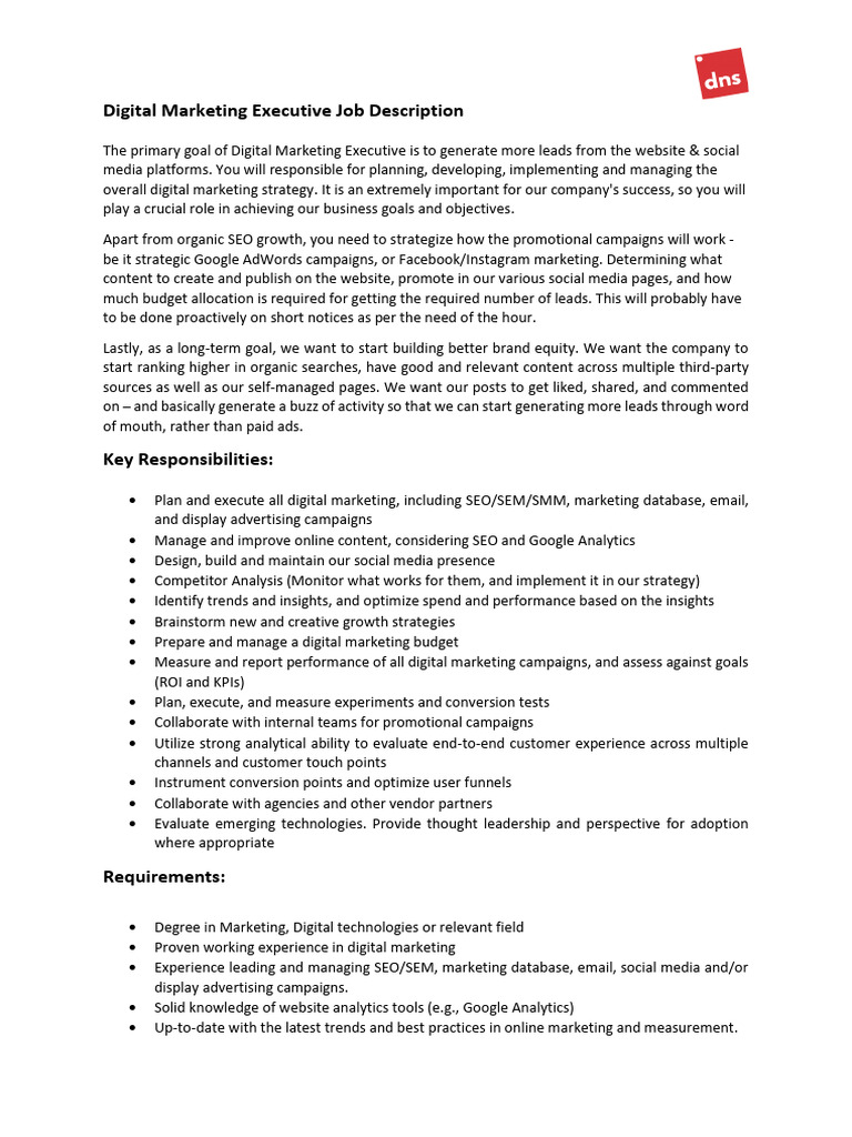 Digital Marketing Job Description | PDF | Digital Marketing | Search ...