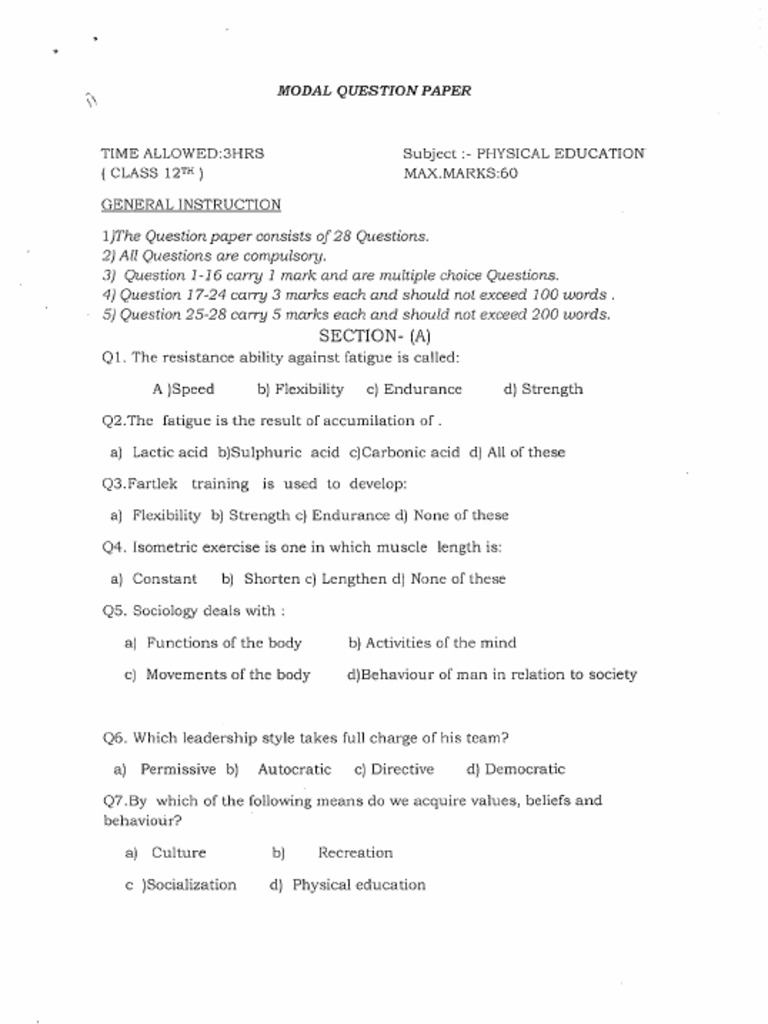 Physical Education Model Test Paper Class 12 TH | PDF