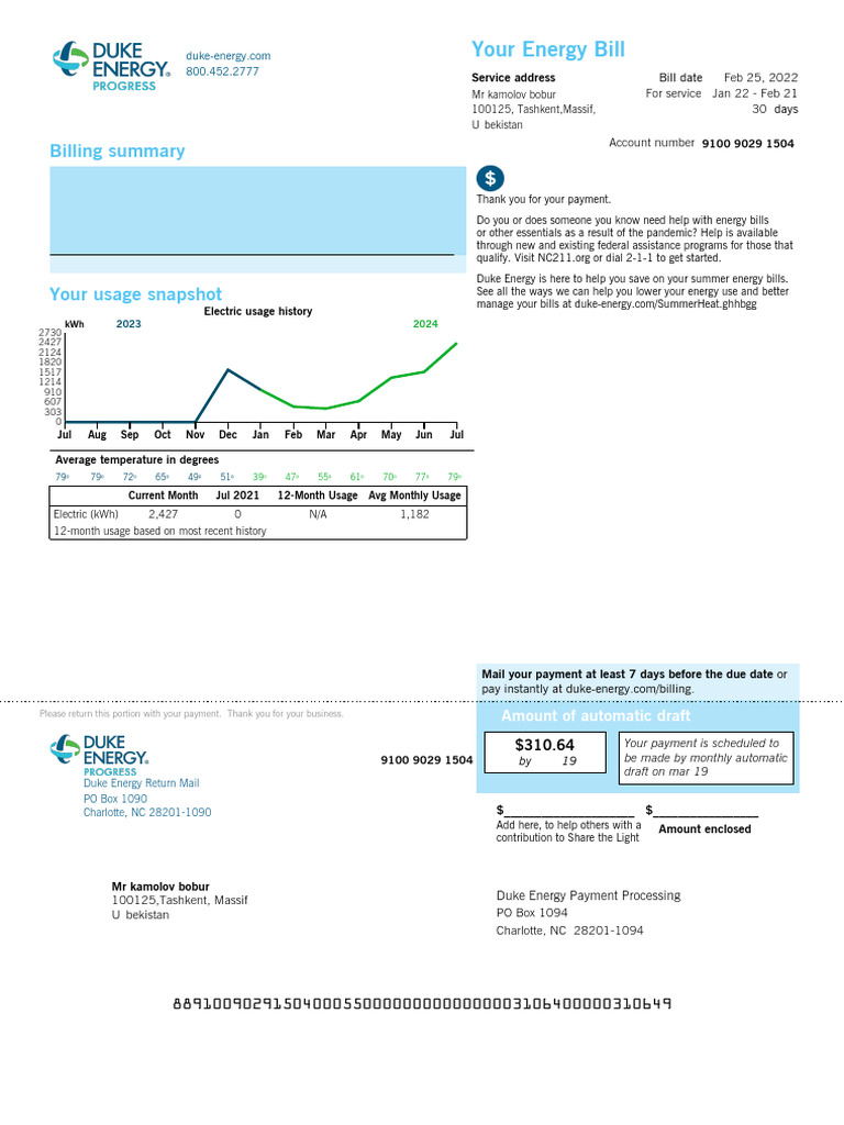 Duke Energy Billing Summary and Payment Info | PDF