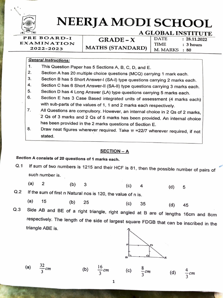Nms Maths (Standard) Paper | PDF | Triangle | Area