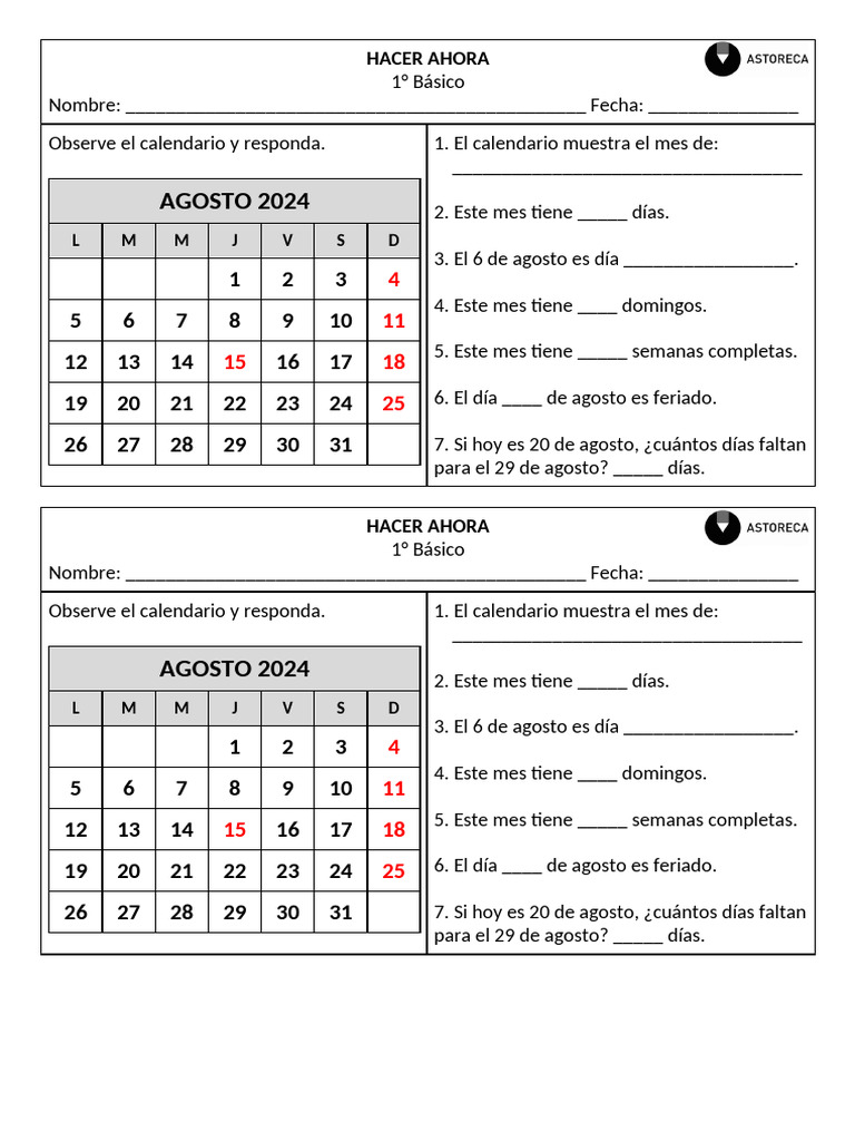 Actividades de Calendario 1° Básico | PDF