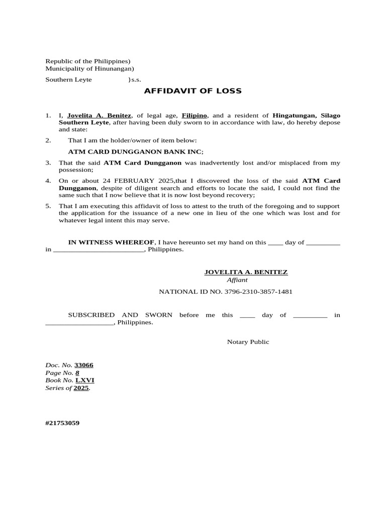 Affidavit of Loss Sample | PDF