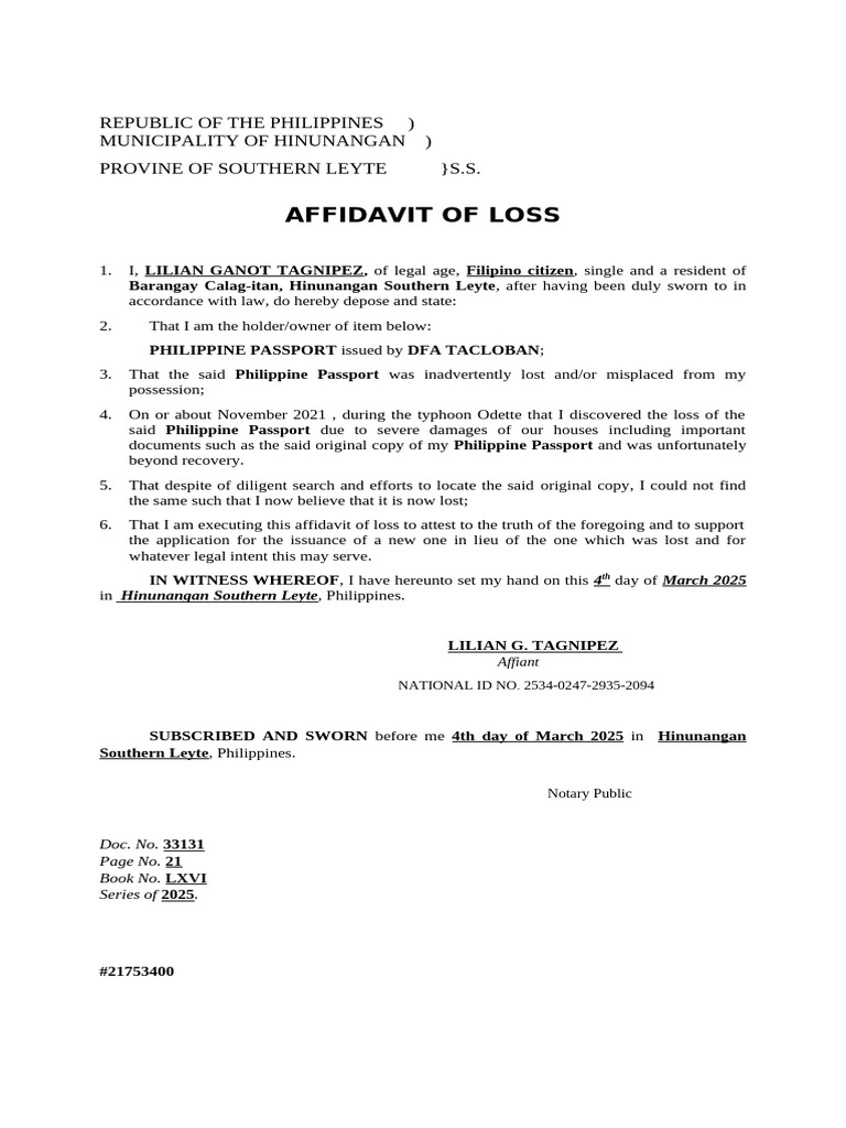 Affidavit Loss Passport | PDF