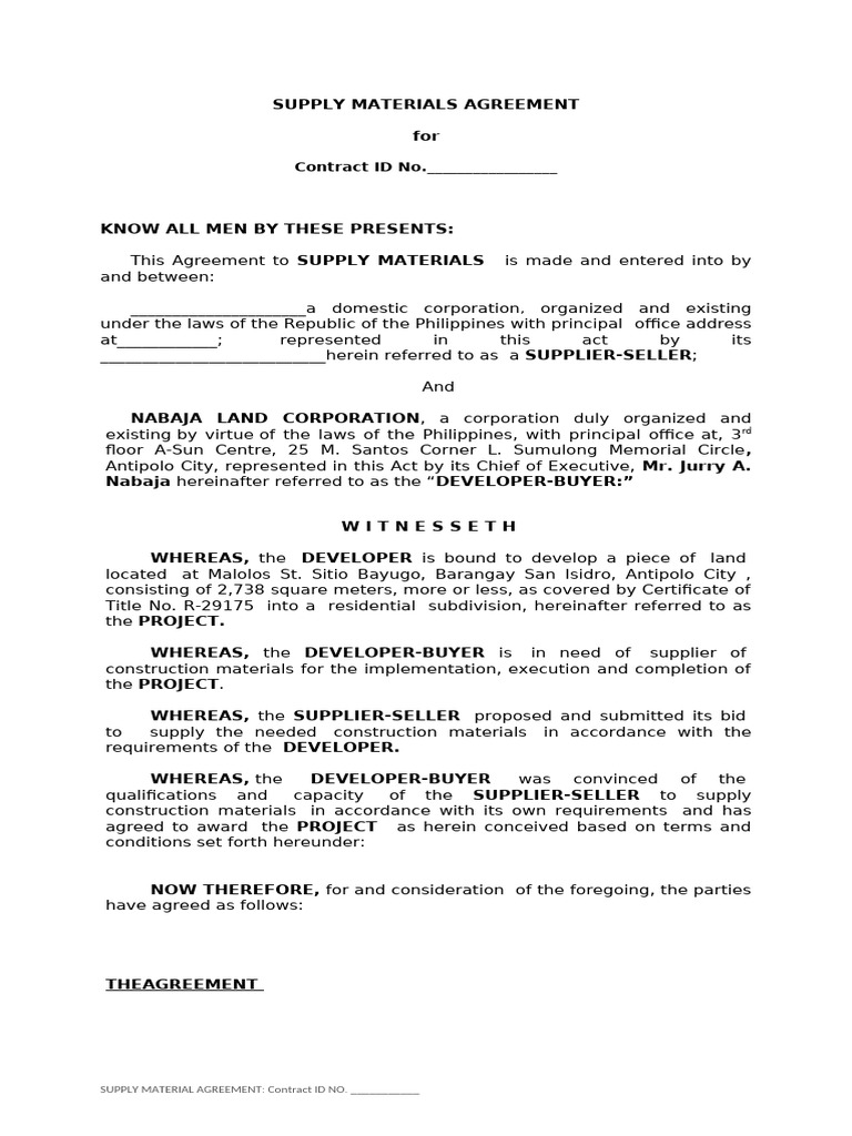 Supply Materials Agreement Template | PDF | Contractual Term | Receipt