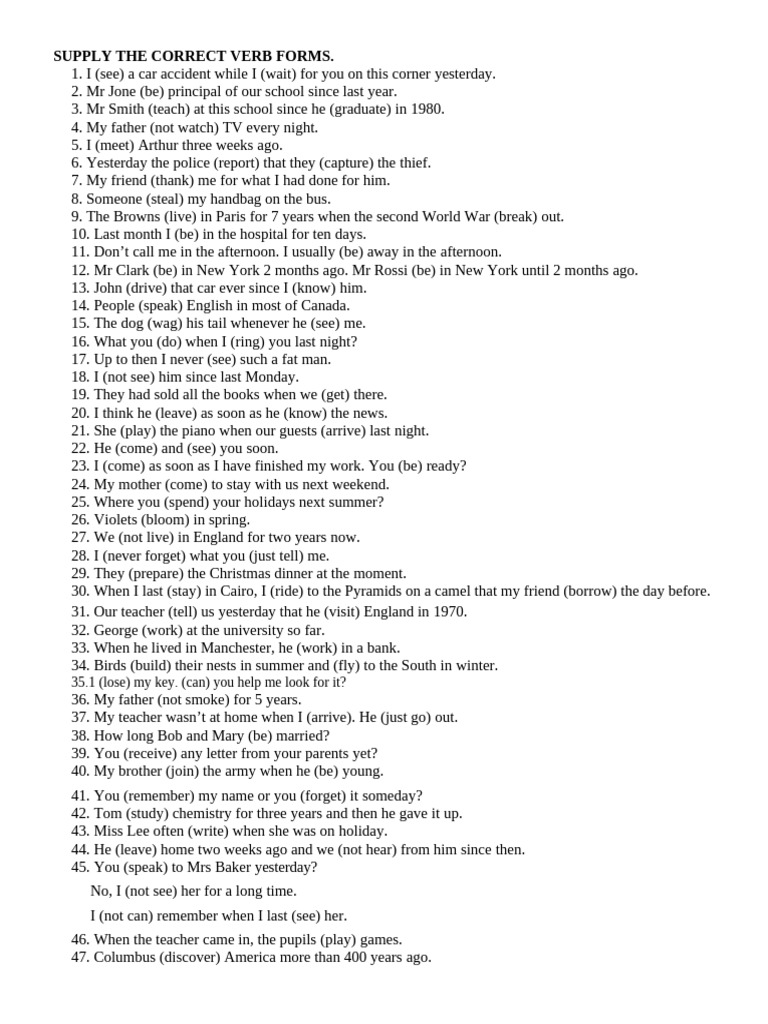 Supply The Correct Verb Forms | PDF