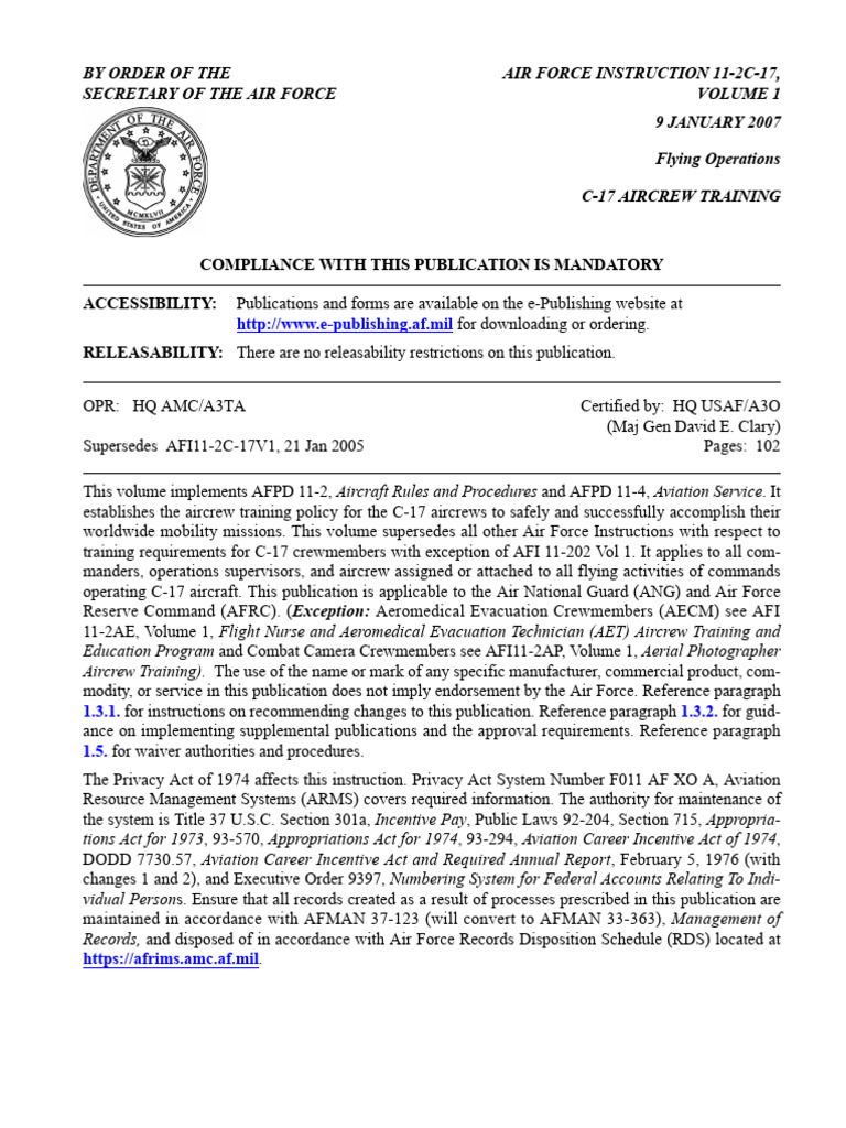Afi11-2c-17v1 (C-17 TRNG) | PDF | Air National Guard | United States ...