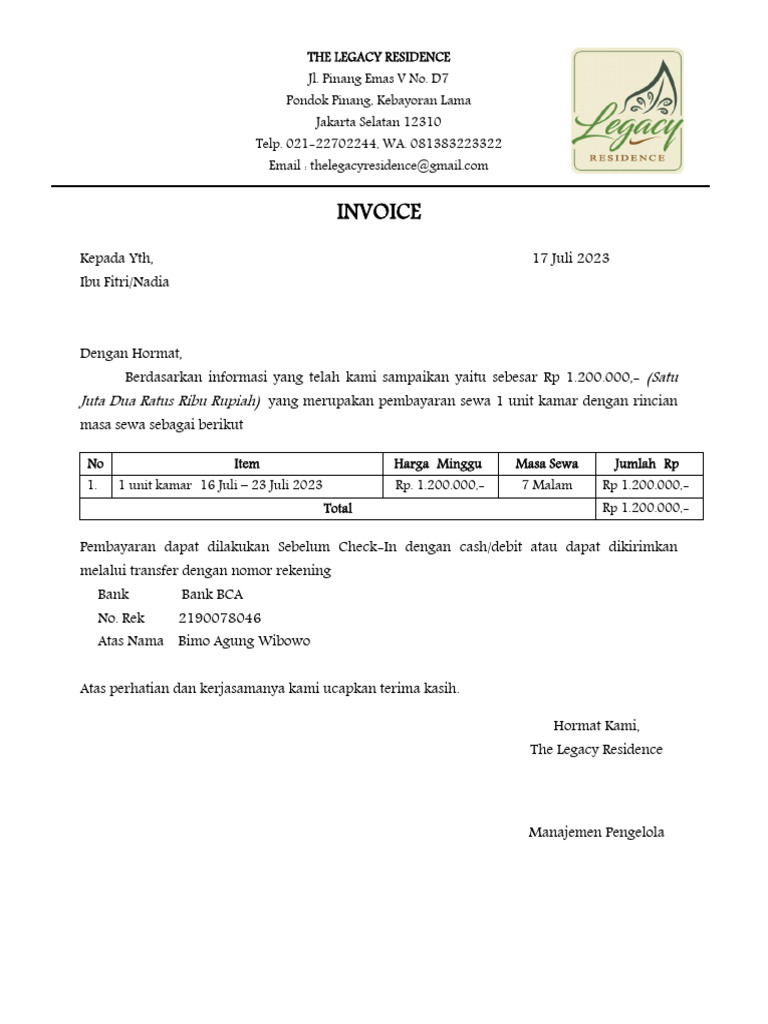 Invoice Sewa Mingguan Ibu Fitri Atau Nadia Visa Gola | PDF