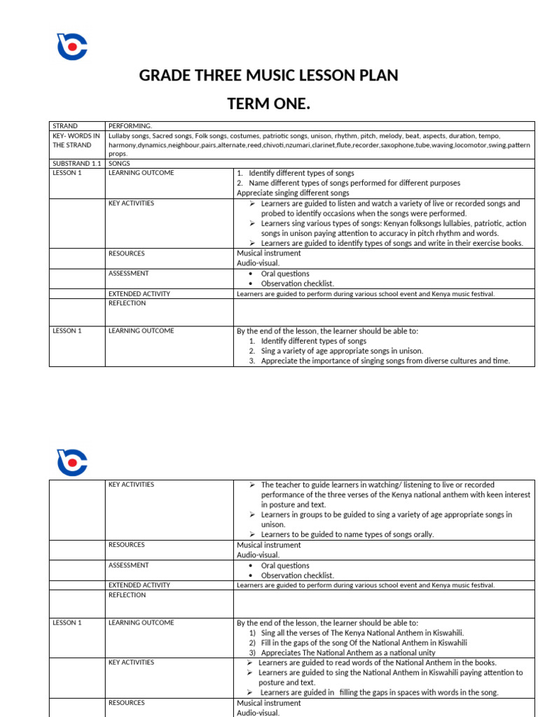g3 t1 Music Lesson Plan | PDF | Learning | Singing