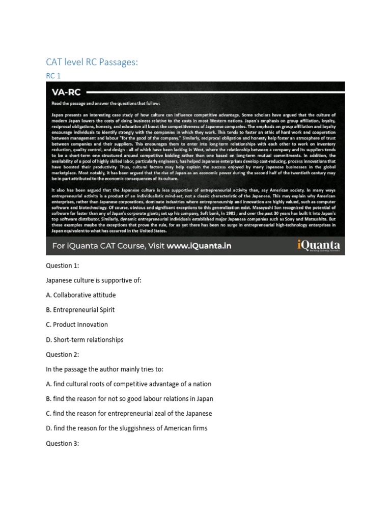 CAT Reading Comprehension Practice Passages | PDF | Sentence ...