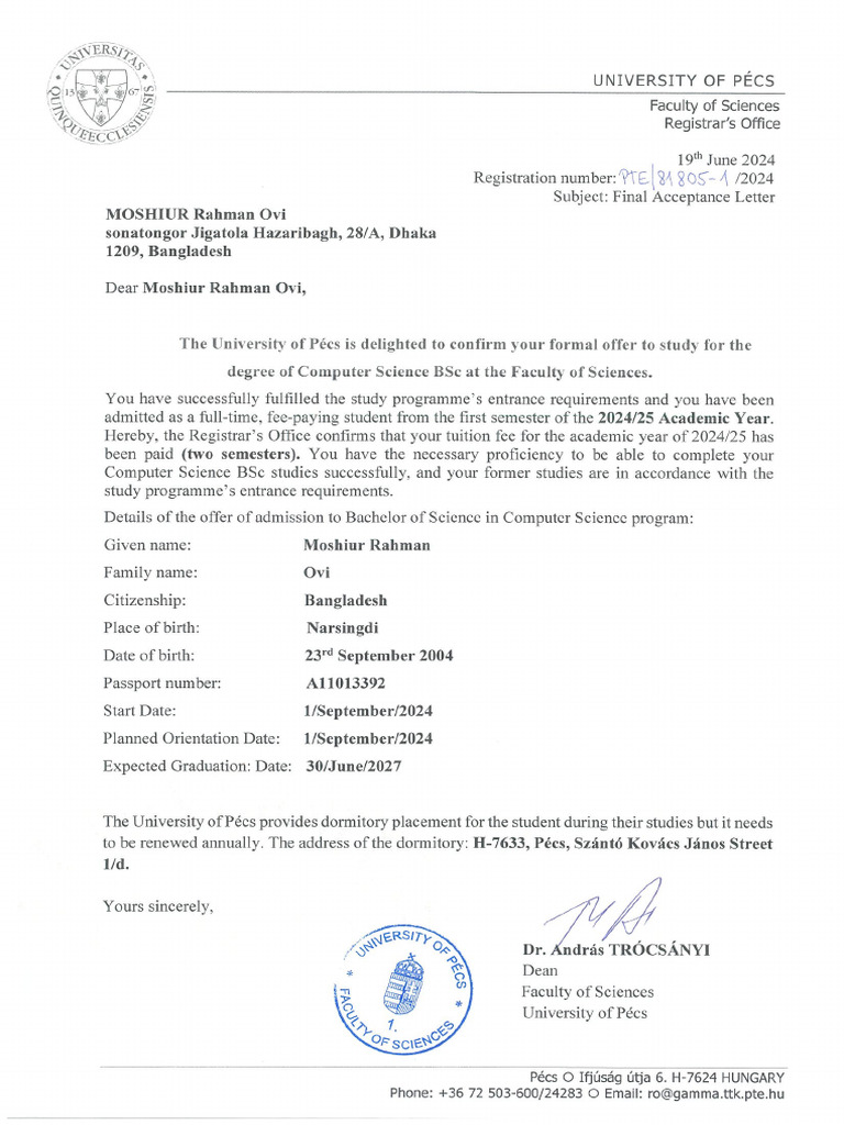 Acceptance Letter - Moshiur Rahman Ovi | PDF