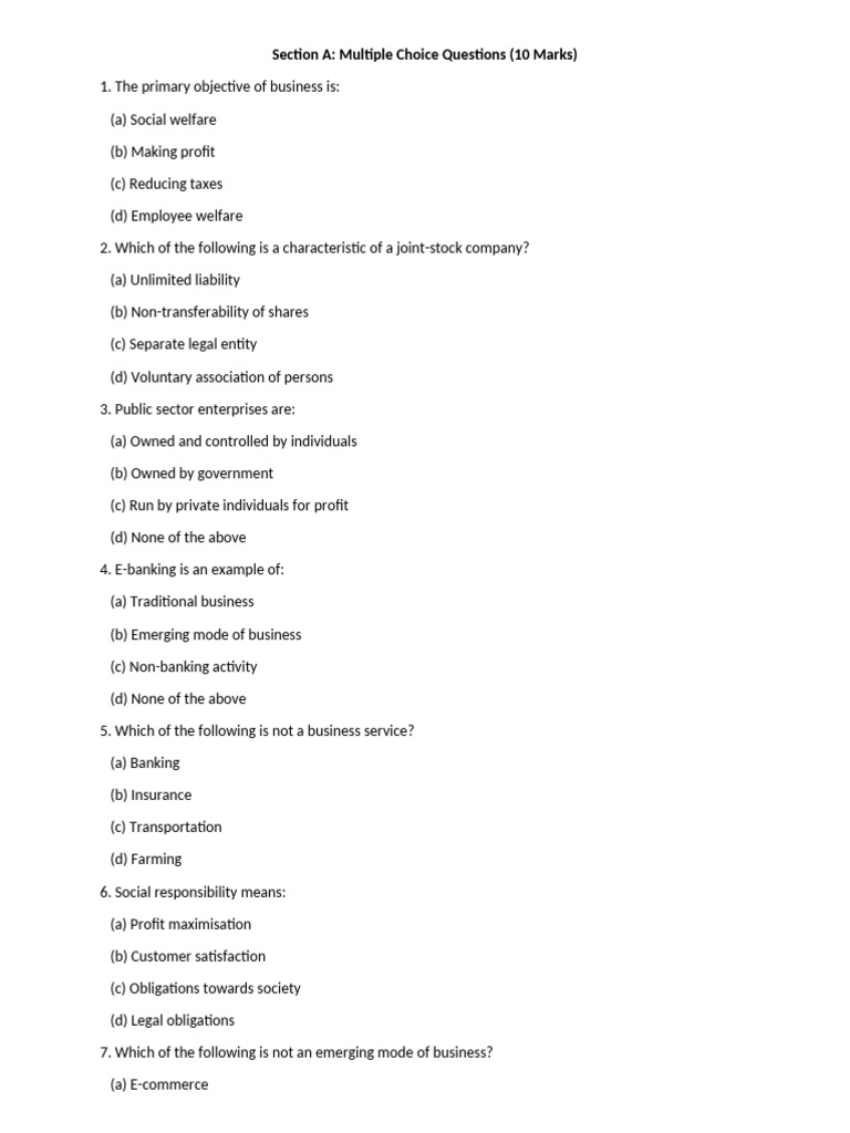 BST Sample Paper 1 Class 11th | PDF | Corporate Social Responsibility | Private Sector