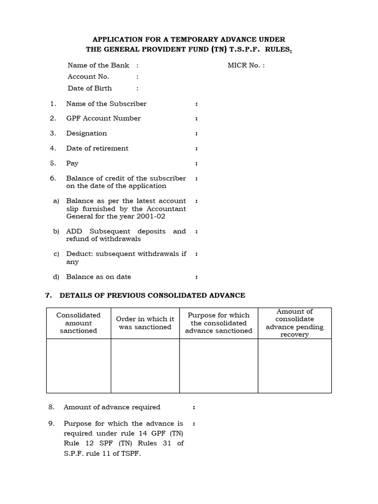GPF Temporary Advance Application Form | PDF | Personal Finance ...