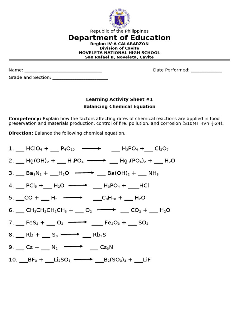 Balancing Chemical Equations Worksheet | PDF