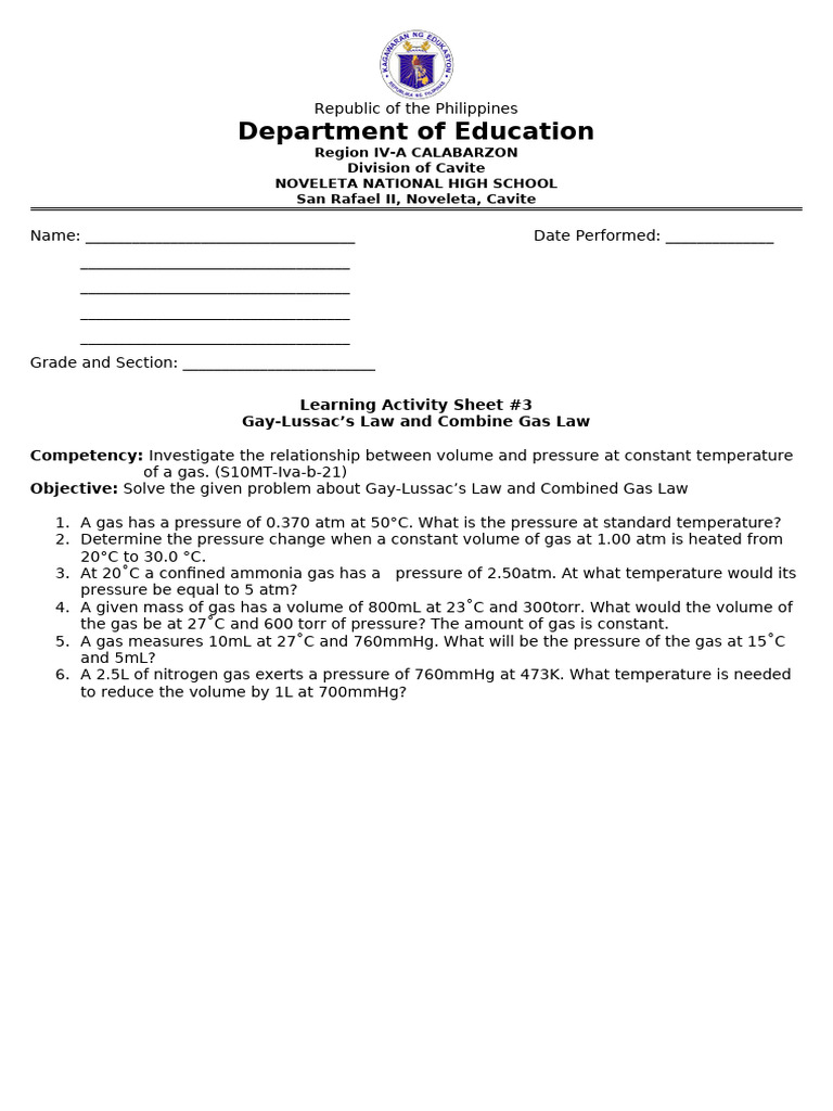 Q4 LAS#3 Gay-Lussac's Law and Combined Gas Law | PDF