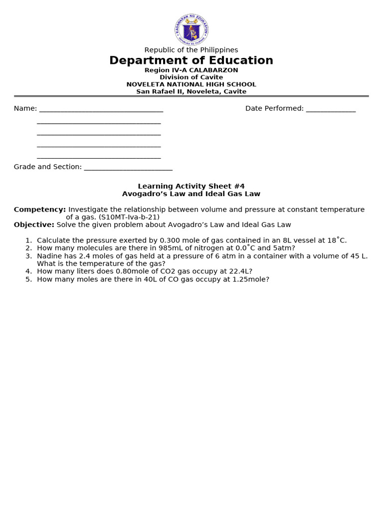 Avogadro’s Law & Ideal Gas Law Worksheet | PDF
