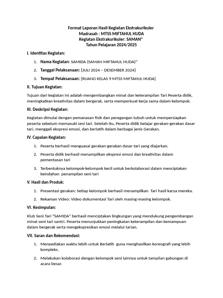 Contoh Format - Laporan - Hasil - Kegiatan - Ekstrakurikuler | PDF