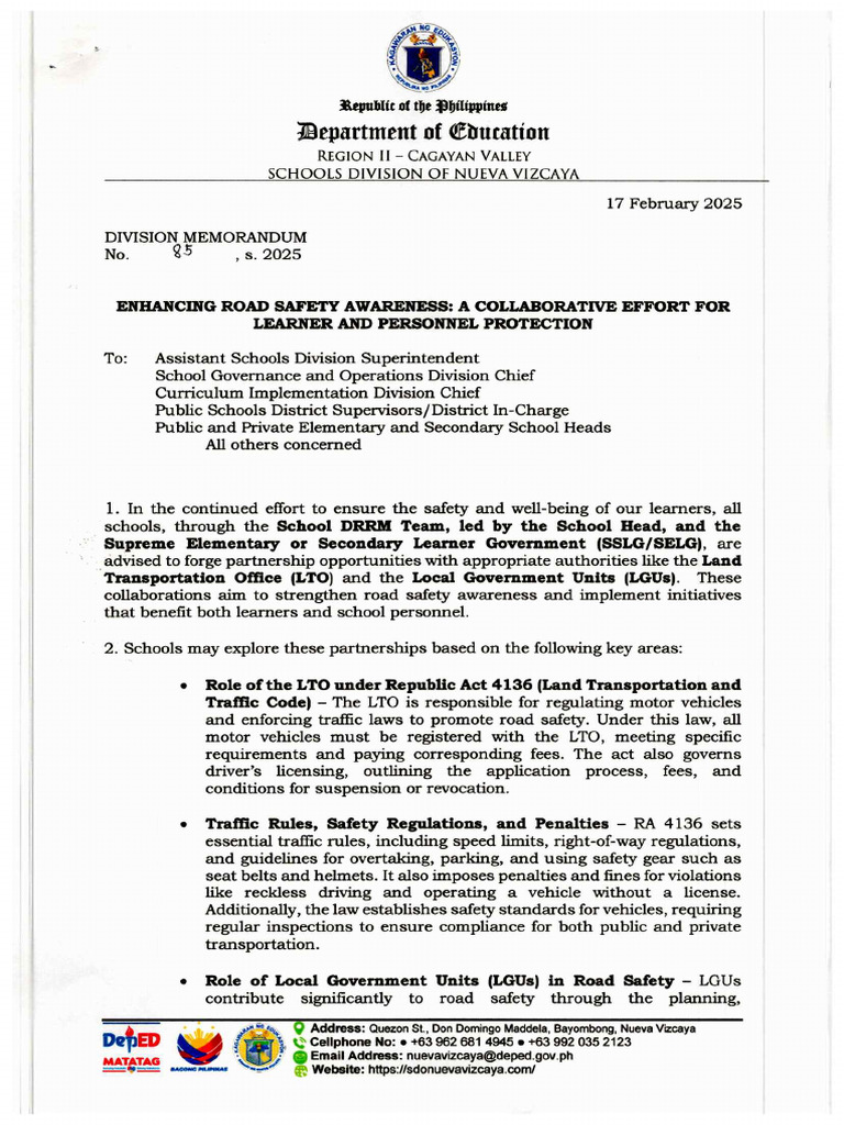 DM No. 85 S. 2025 ENHANCING ROAD SAFETY AWARENESS A COLLABORATIVE ...