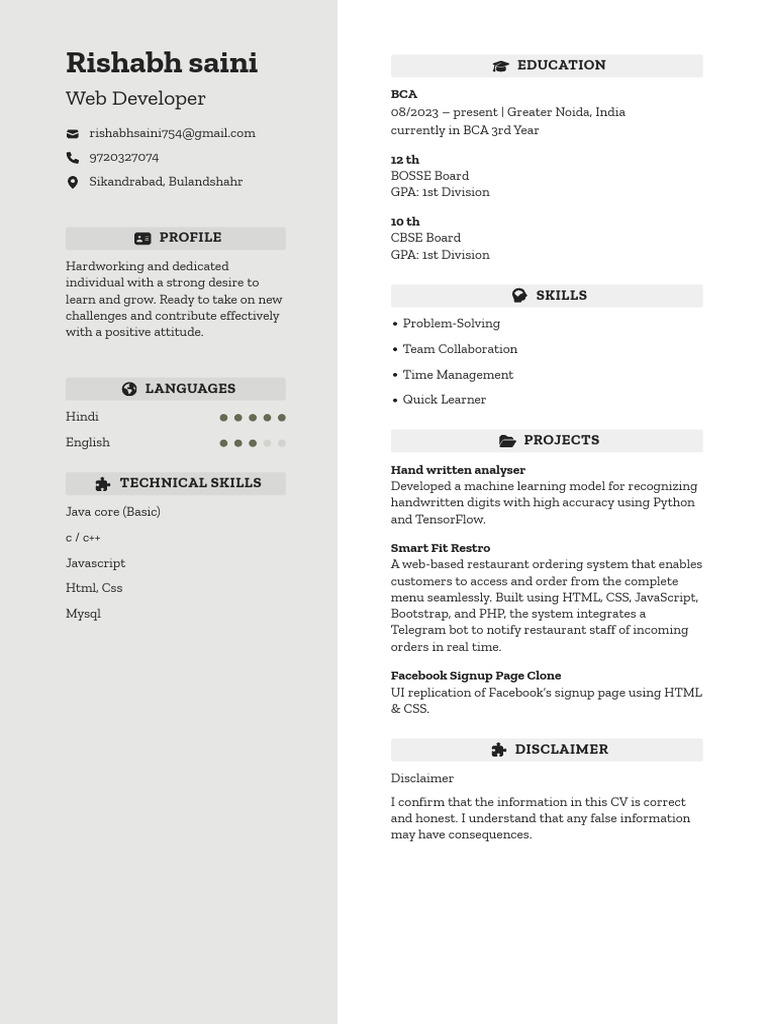 Web Developer Resume - Rishabh Saini | PDF | World Wide Web | Internet & Web