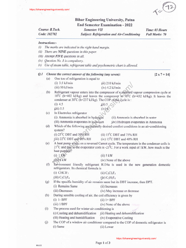 BEU MECH 7 Sem Refrigeration Air Conditioning 2022 102702 | PDF