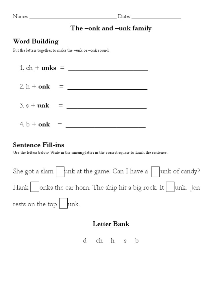 Phonics Fun: Onk & Unk Words | PDF