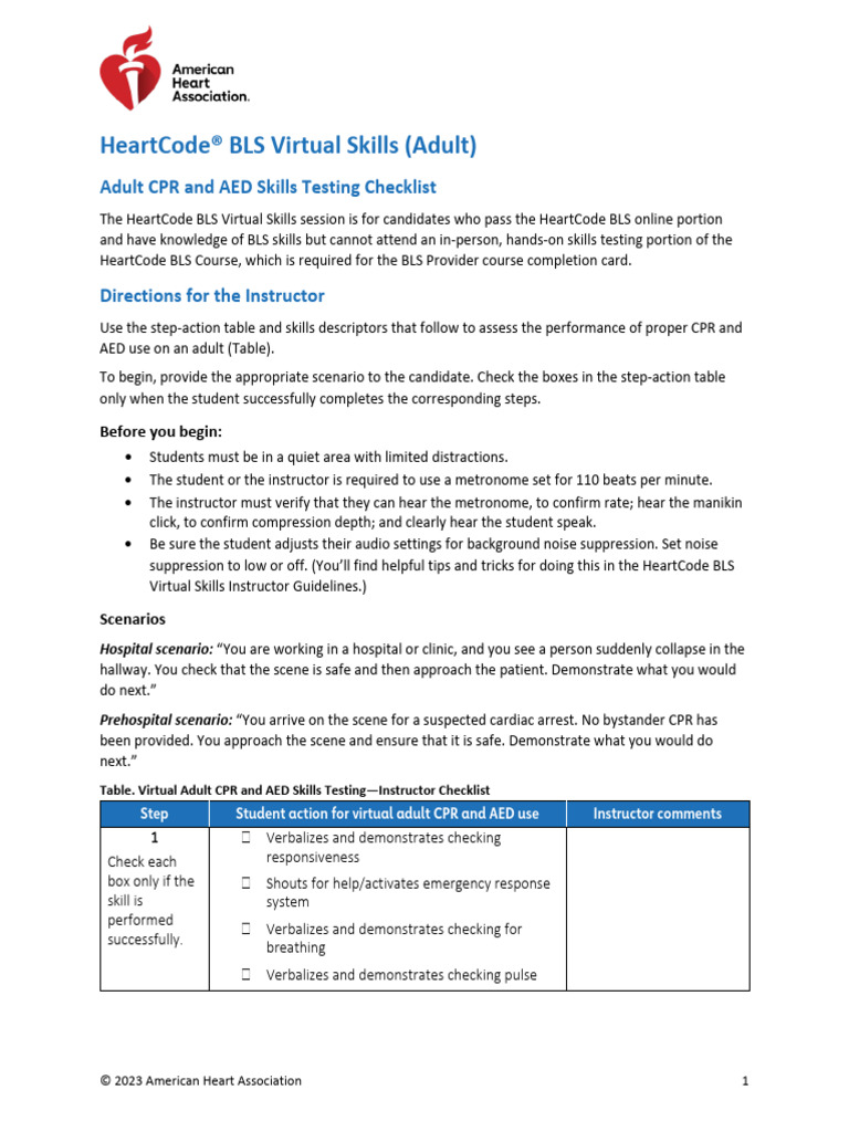ChecklistAdult HeartCodeBLSVirtualSkills | PDF | Cardiopulmonary ...