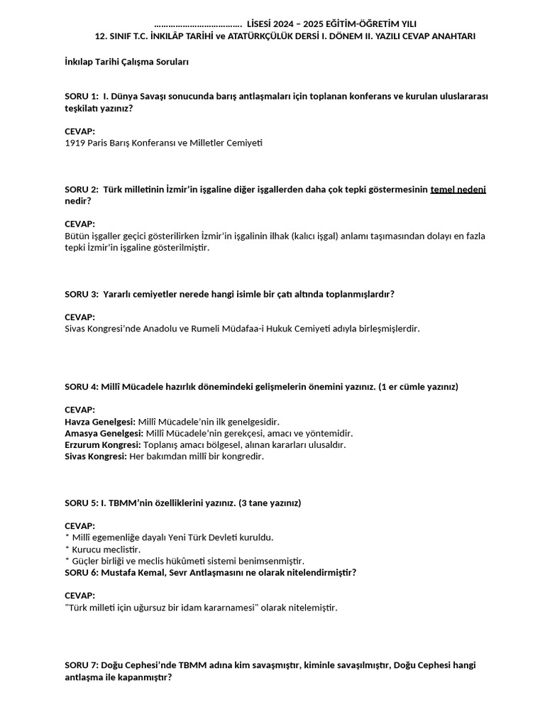 Inkilap Tarihi Calisma Sorulari 2 | PDF