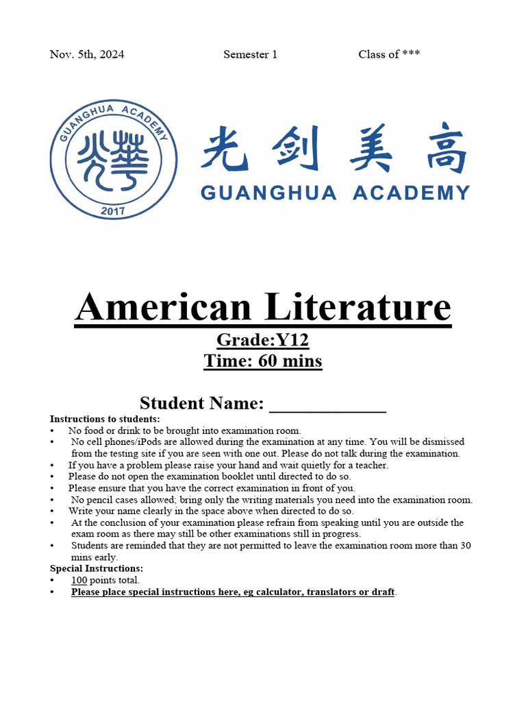 American Literature Exam Guidelines | PDF