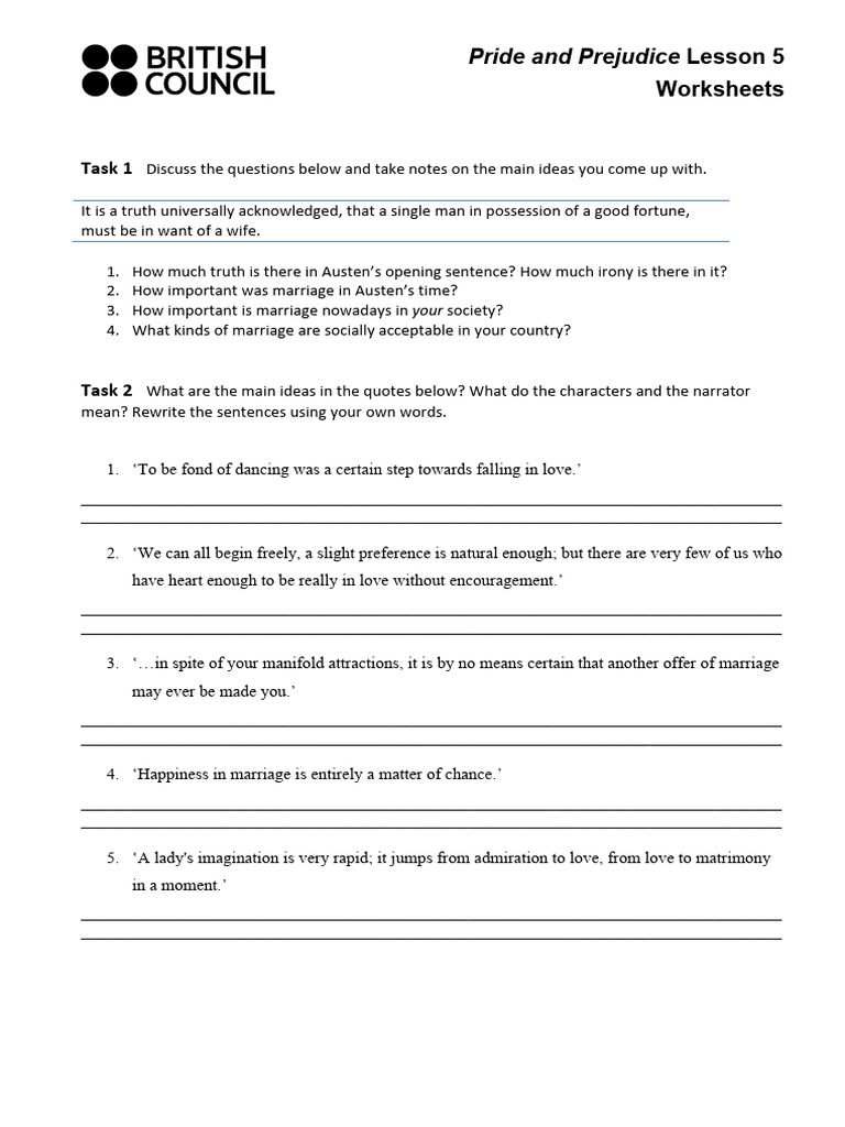 Pride and Prejudice Lesson 5 Worksheet | PDF | Linguistic Morphology ...