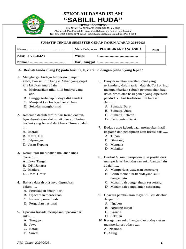 Soal PTS Semester 2 Pend. Pancasila Kelas 5 | PDF