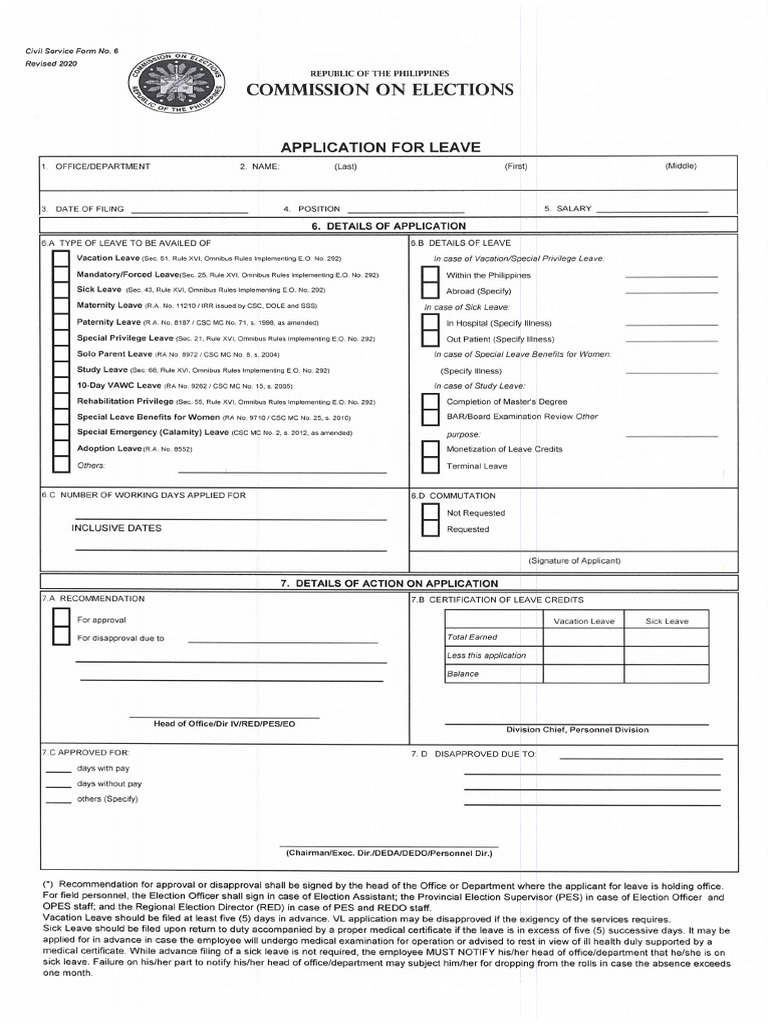 Csc Form No. 6 Revised 2020 Leave Form | PDF