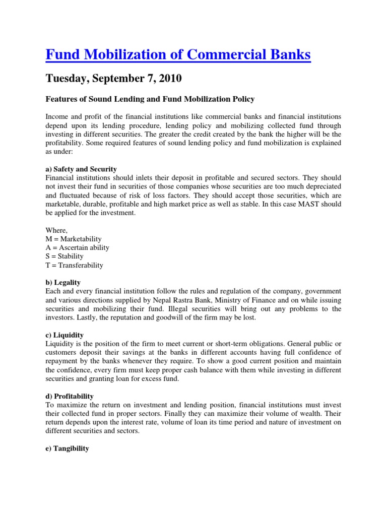 Fund Mobilization of Commercial Banks | Banks | Securities (Finance)