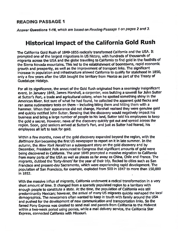 PASSAGE 1 - Historical Impact of American Gold Rush | PDF