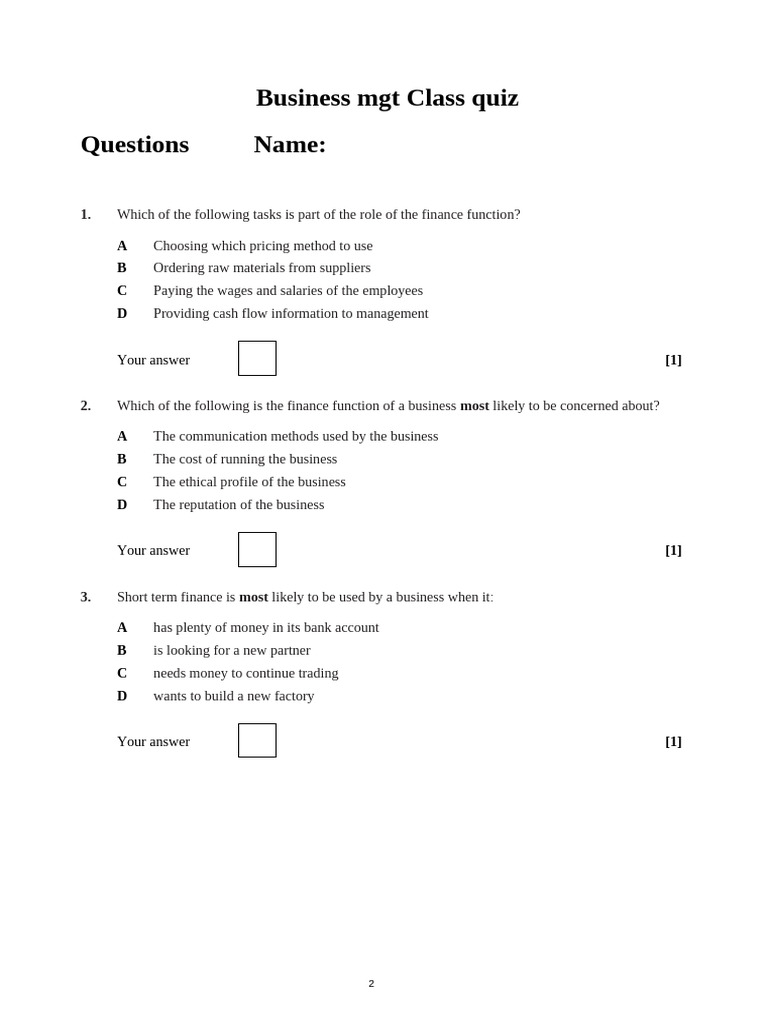 Business Finance Quiz | PDF | Money | Investing
