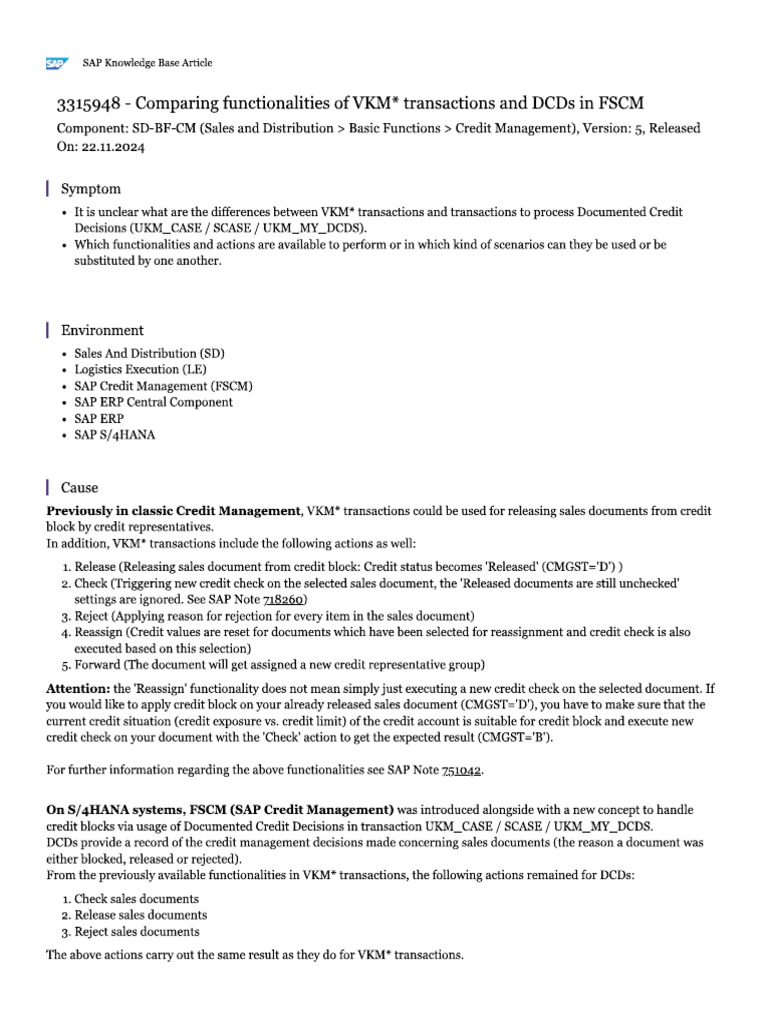 SAP Note VKM Compare Fun With DCDs in FSCM | PDF