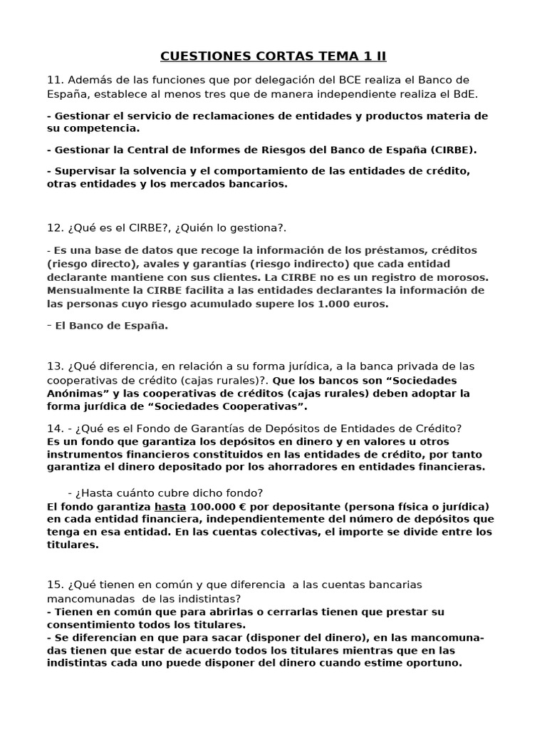 CUESTIONES CORTAS TEMA 1 II SOLUCIONES | PDF | Bancos | Interés