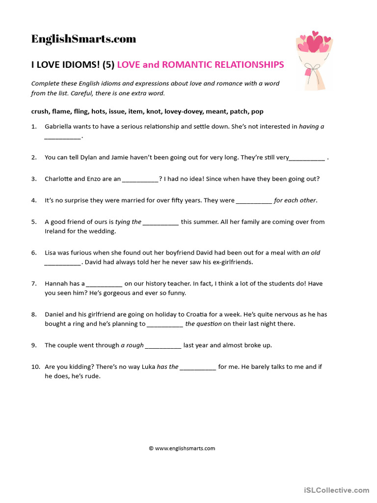 LOVE and ROMANTIC RELATIONSHIPS - Idioms Exercise and Conversation ...