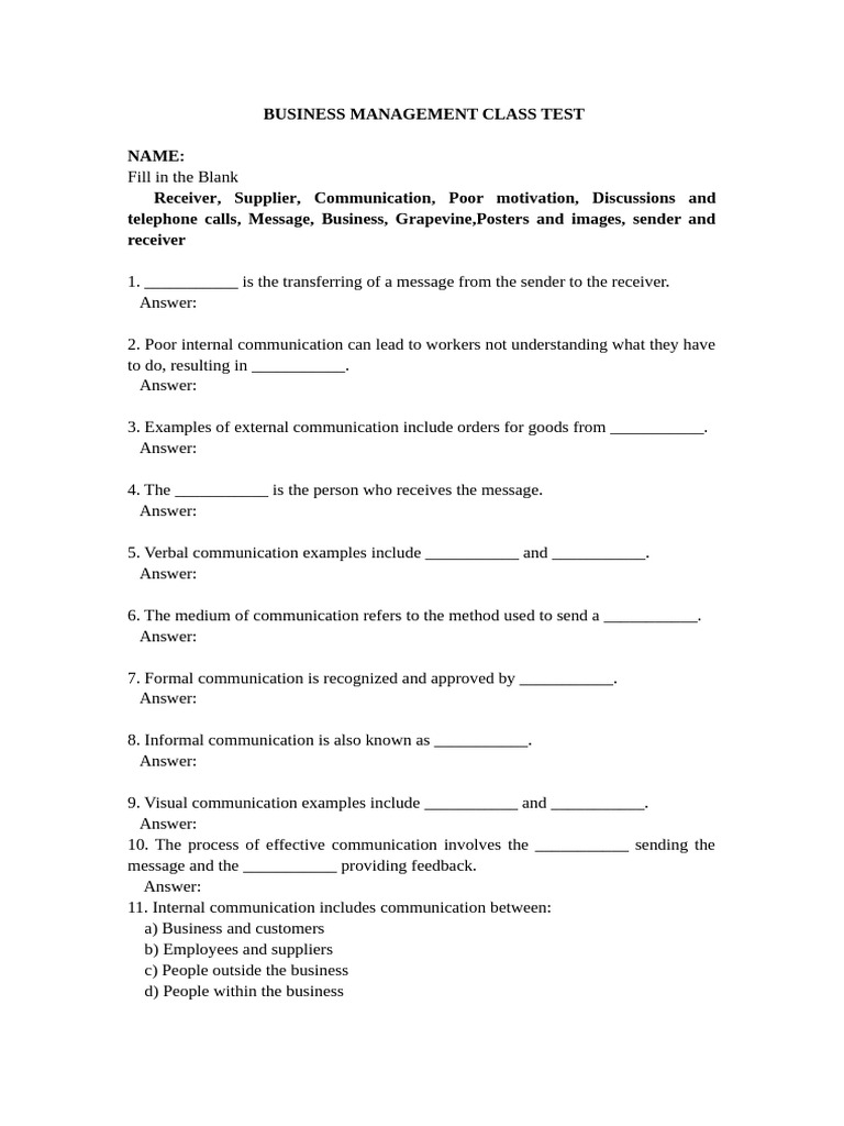 Business Communication Test Questions | PDF | Communication | Nonverbal ...