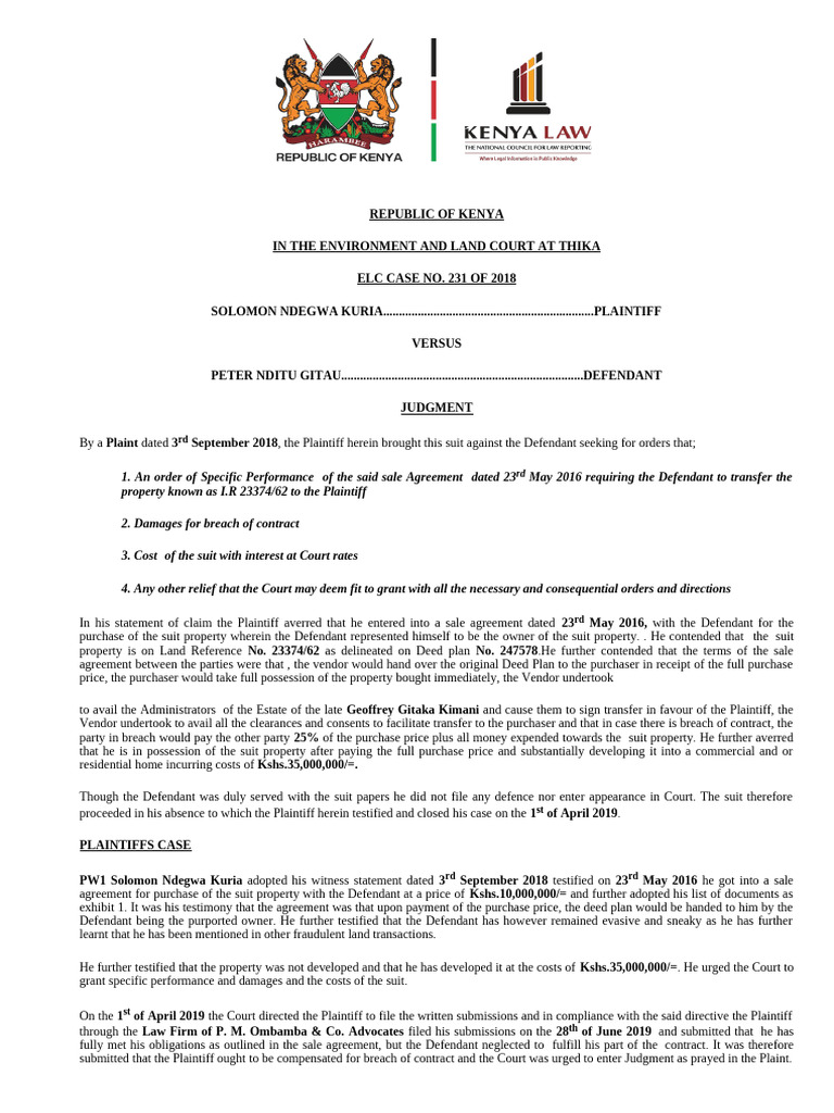 Solomon Ndegwa Kuria V Peter Nditu Gitau 2019KEELC1508 (KLR) | PDF ...