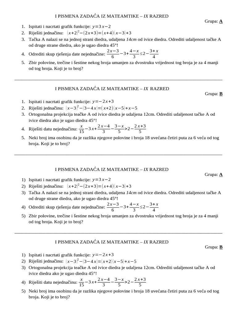 I Pismena Zadaća Iz Mateamtike-9 | PDF