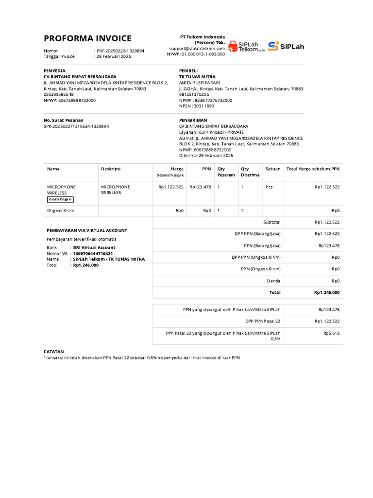 Proforma Invoice PT Telkom Indonesia | PDF