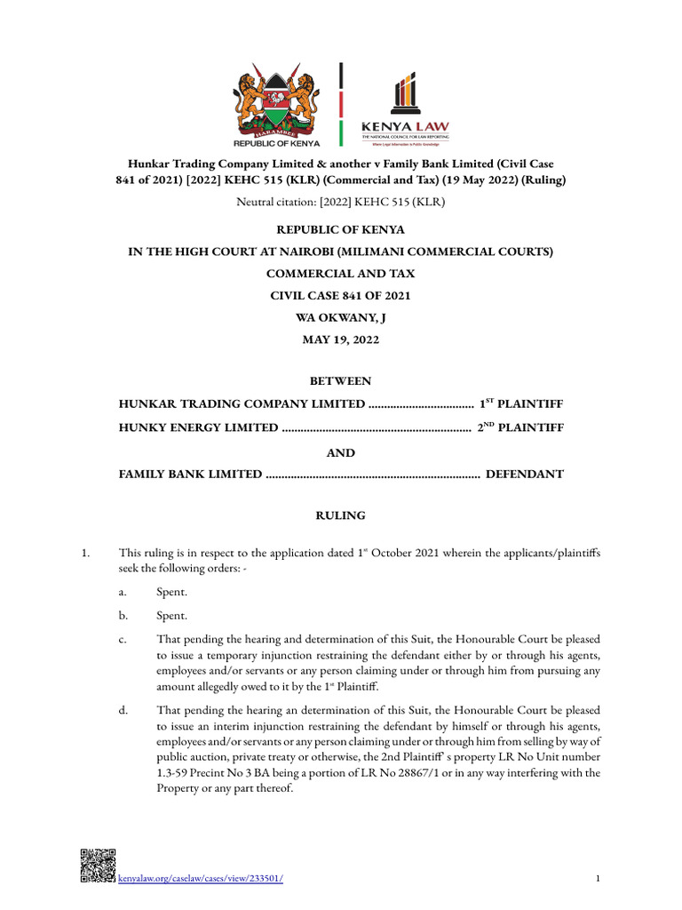 Hunkar Trading Company Limited Another V Family Bank Limited (Civil ...