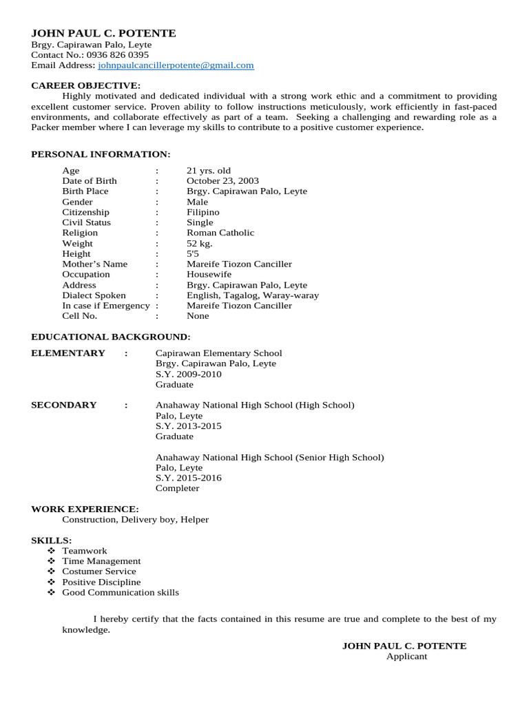 Resume of John Paul C. Potente | PDF