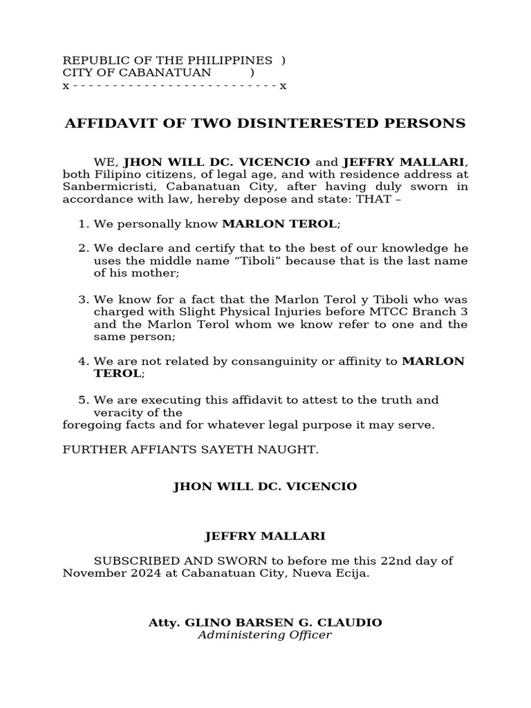 Affidavit of Disinterested Persons | PDF