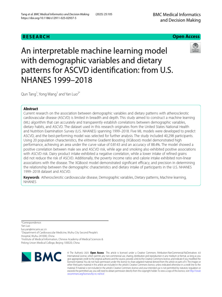 An Interpretable Machine Learning Model With Demographic Variables and Dietary Patterns For ...